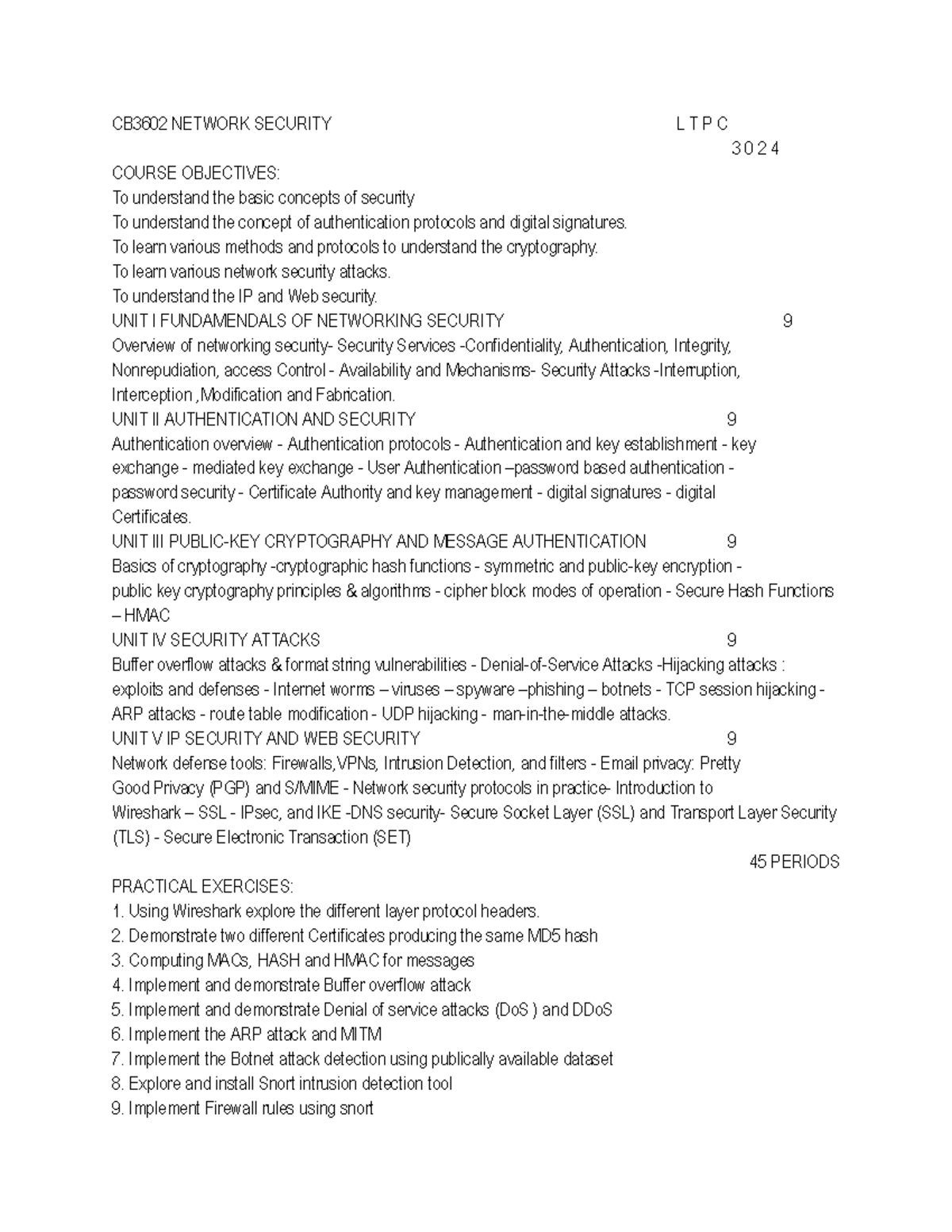 CB3602 Network Security Syllabus and Course Outline - Studocu
