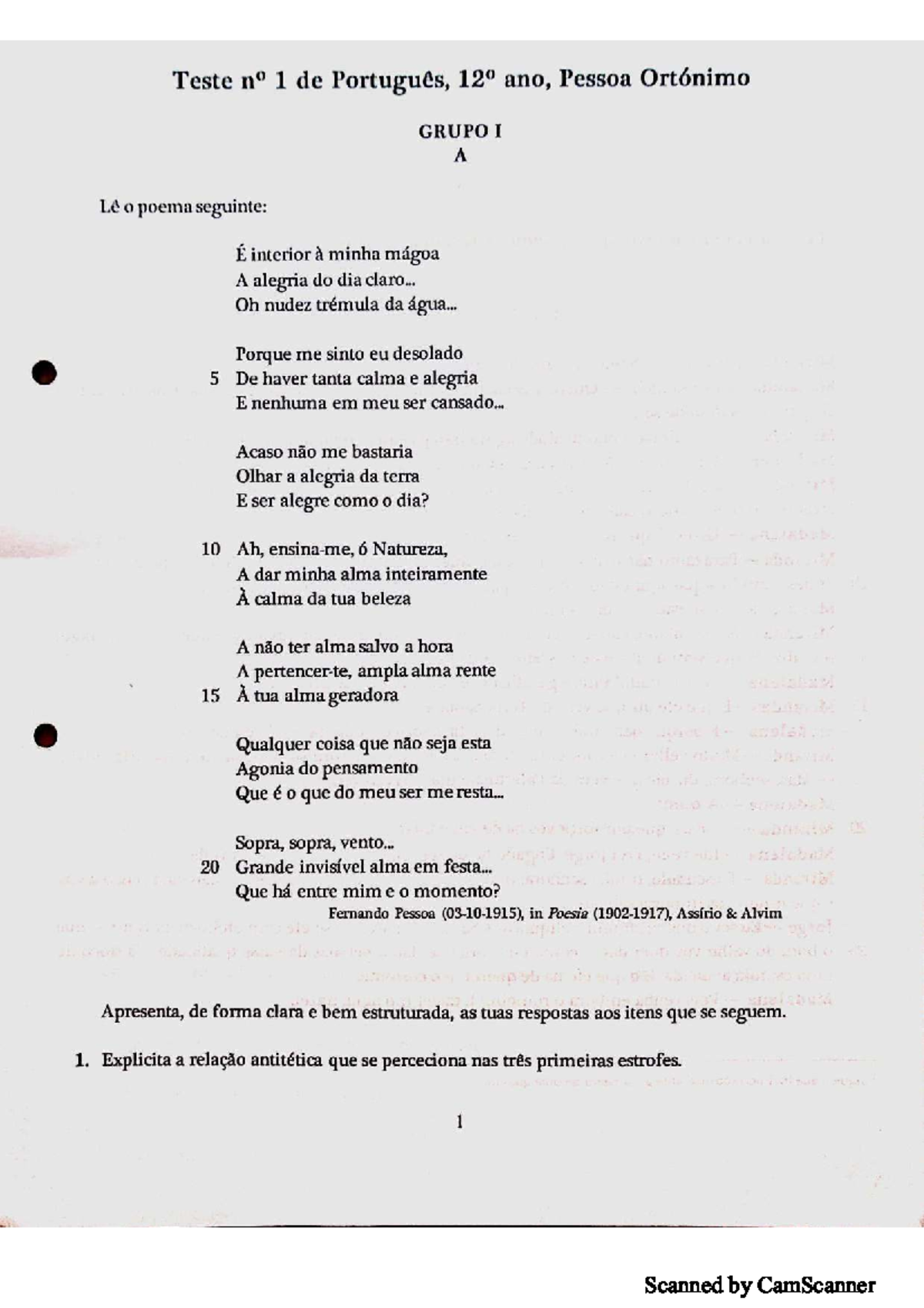 Teste 1 de Português - Análise de Poemas e Textos Dramáticos - Studocu