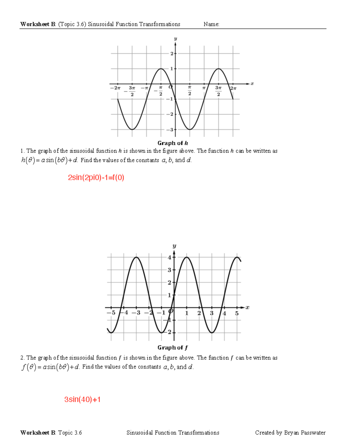 Topic 3.6 Sinusoidal Function Transformations Worksheet B - Studocu