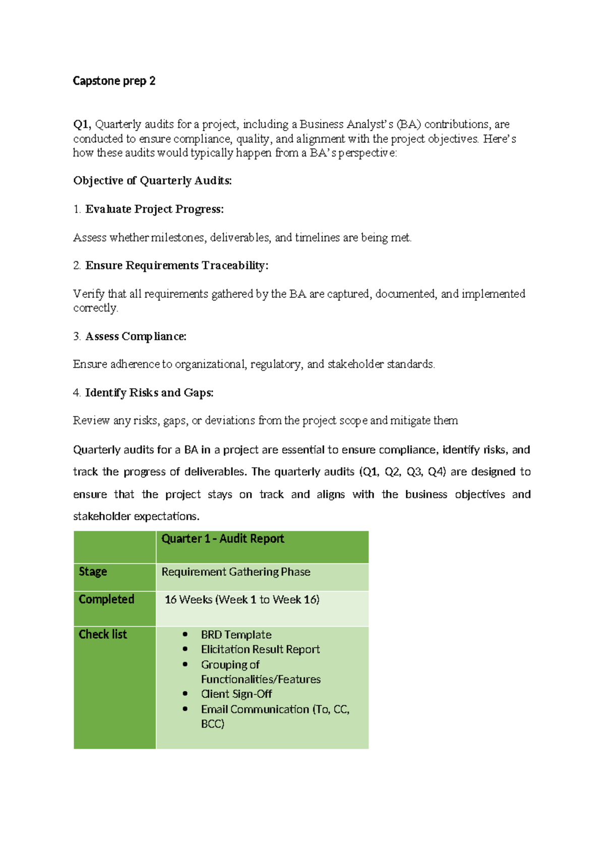 Capstone Newprep 1 2 - Capstone prep 2 Q1, Quarterly audits for a ...