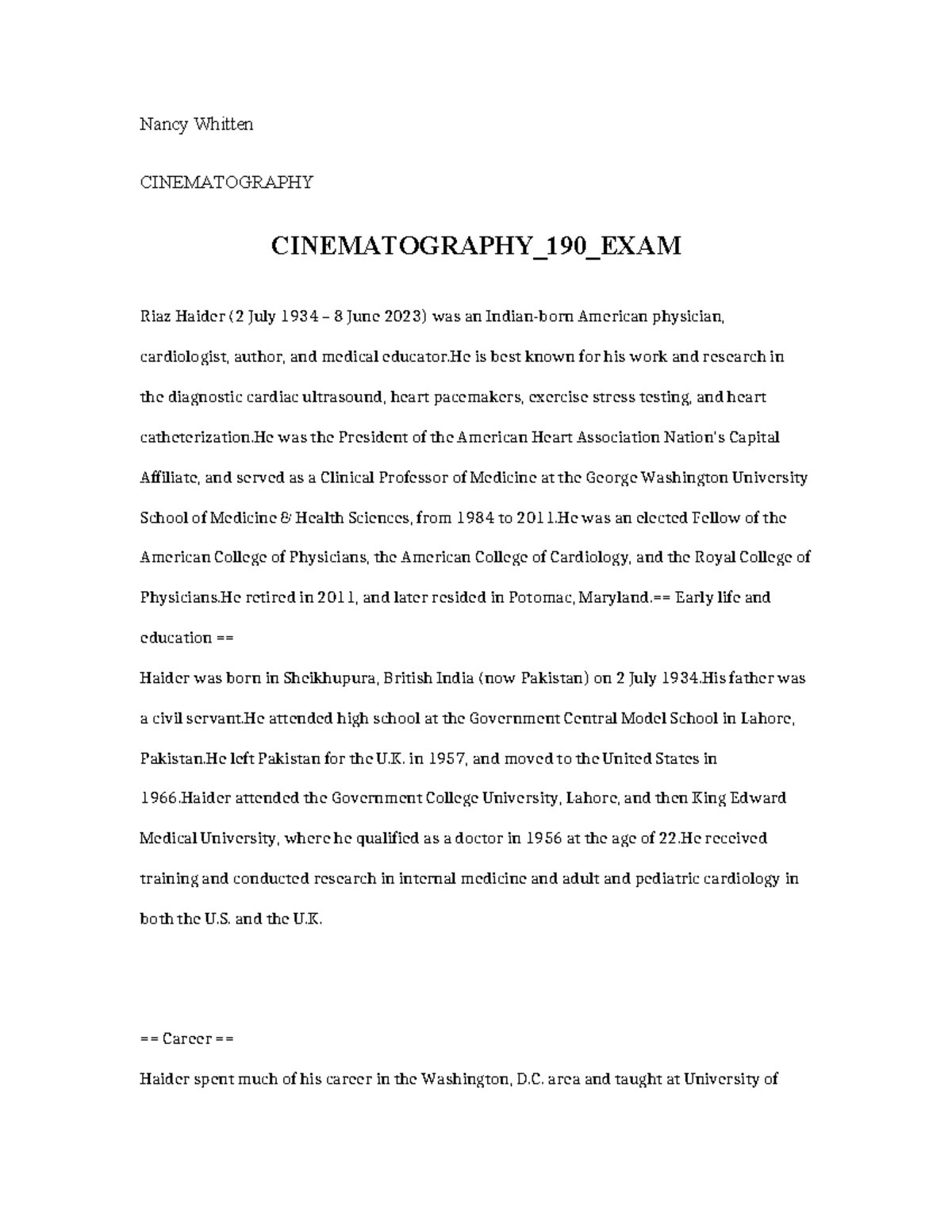 Cinematography 190 EXAM - Nancy Whitten CINEMATOGRAPHY CINEMATOGRAPHY ...