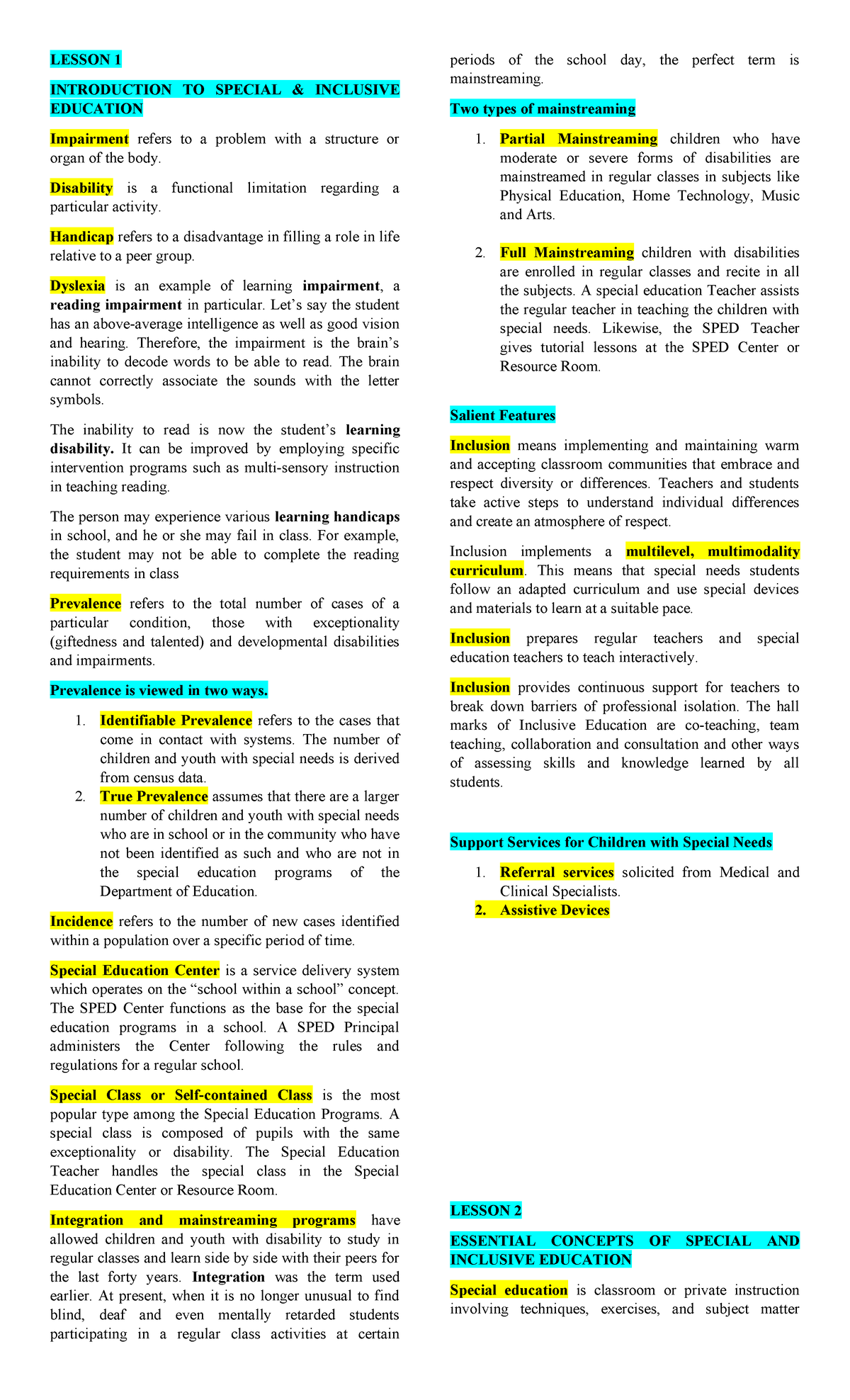 EDUC 104 Midterm Exam Notes: Special & Inclusive Education Concepts ...