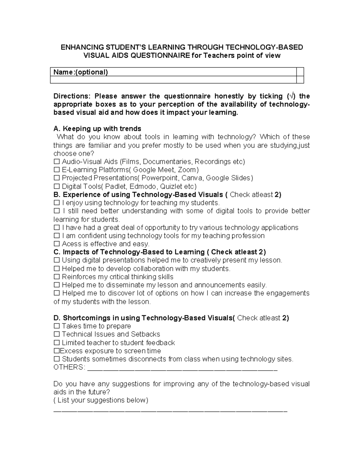 Checklist - ENHANCING STUDENT’S LEARNING THROUGH TECHNOLOGY-BASED ...