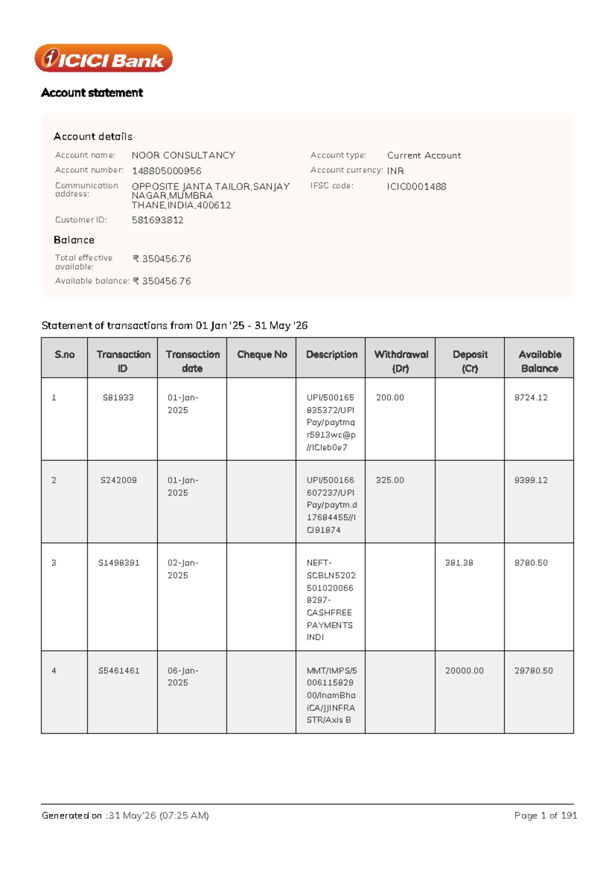 Account Statement for NOOR CONSULTANCY (INR) - 01 Jan to 31 May - Studocu
