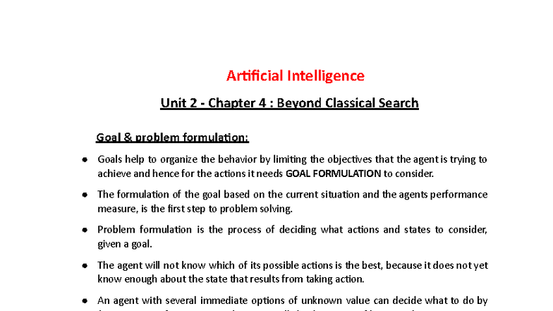 Unit 2 Chapter 4: Beyond Classical Search in AI - Studocu