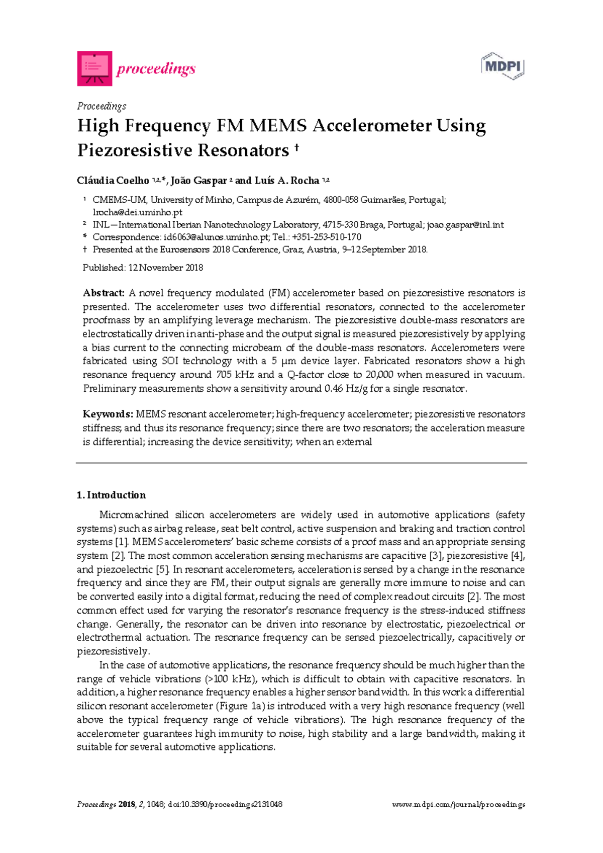 Proceedings of the Eurosensors 2018: High-Frequency FM MEMS ...