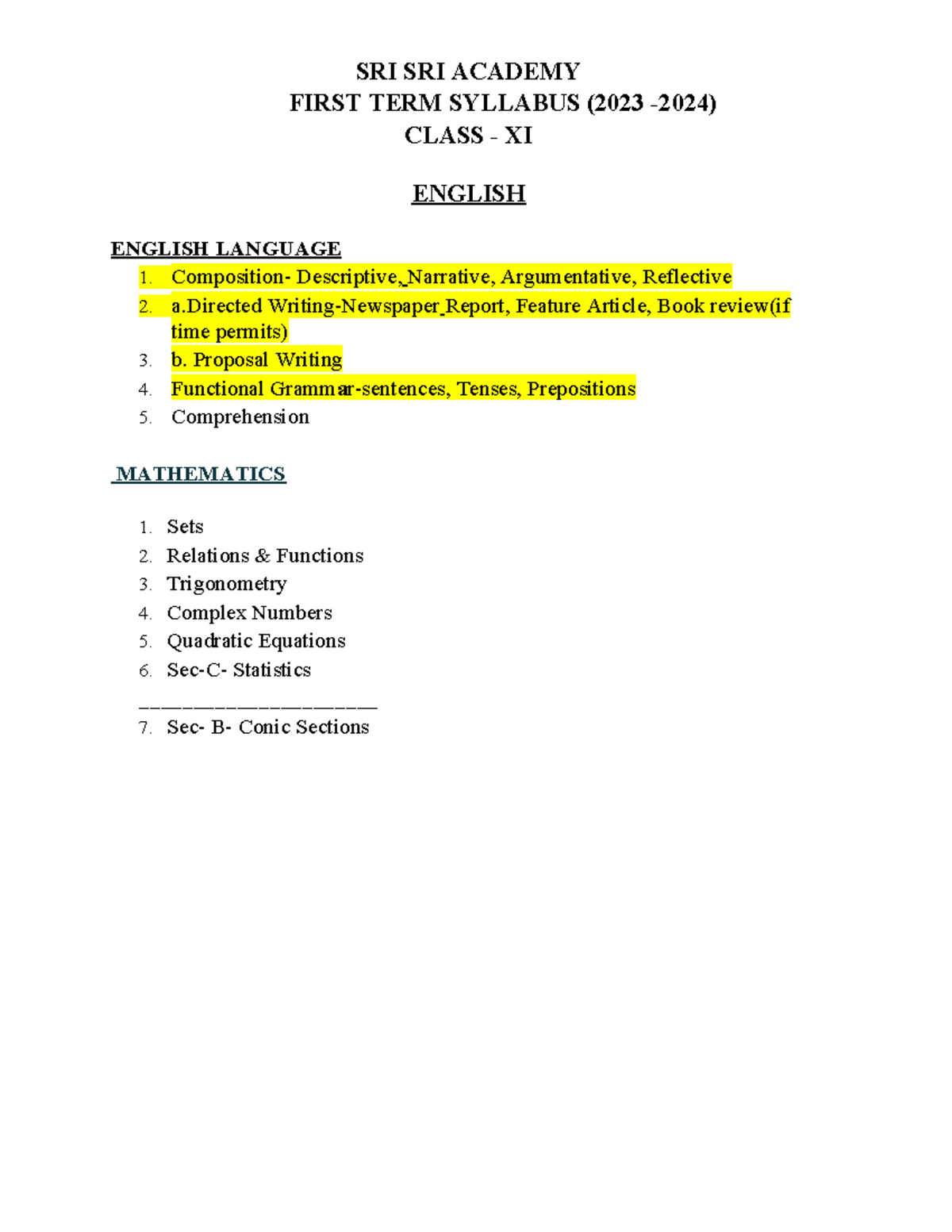 Class XI 1st TERM Syllabus 2023 - SRI SRI ACADEMY FIRST TERM SYLLABUS ...