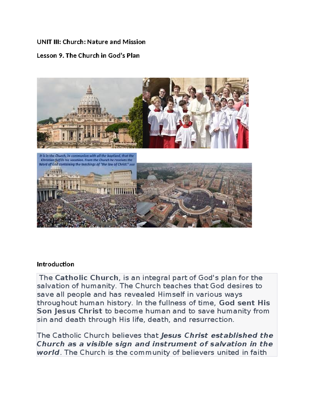 UNIT III: The Nature and Mission of the Catholic Church - Studocu