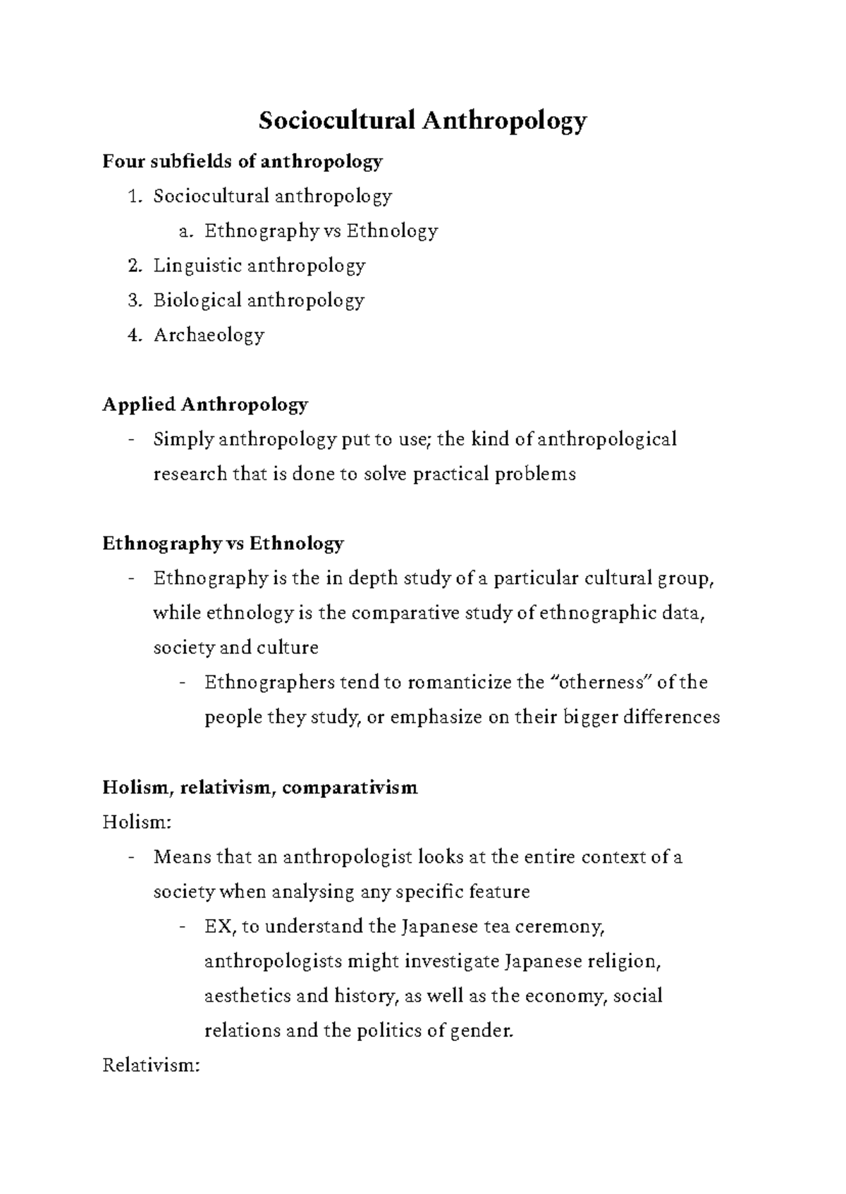Sociocultural Anthropology Overview: Key Concepts and Methods - Studocu
