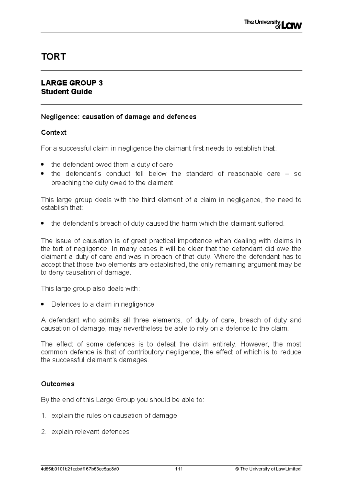 TORT 3: Negligence Causation & Defences Student Guide - Studocu