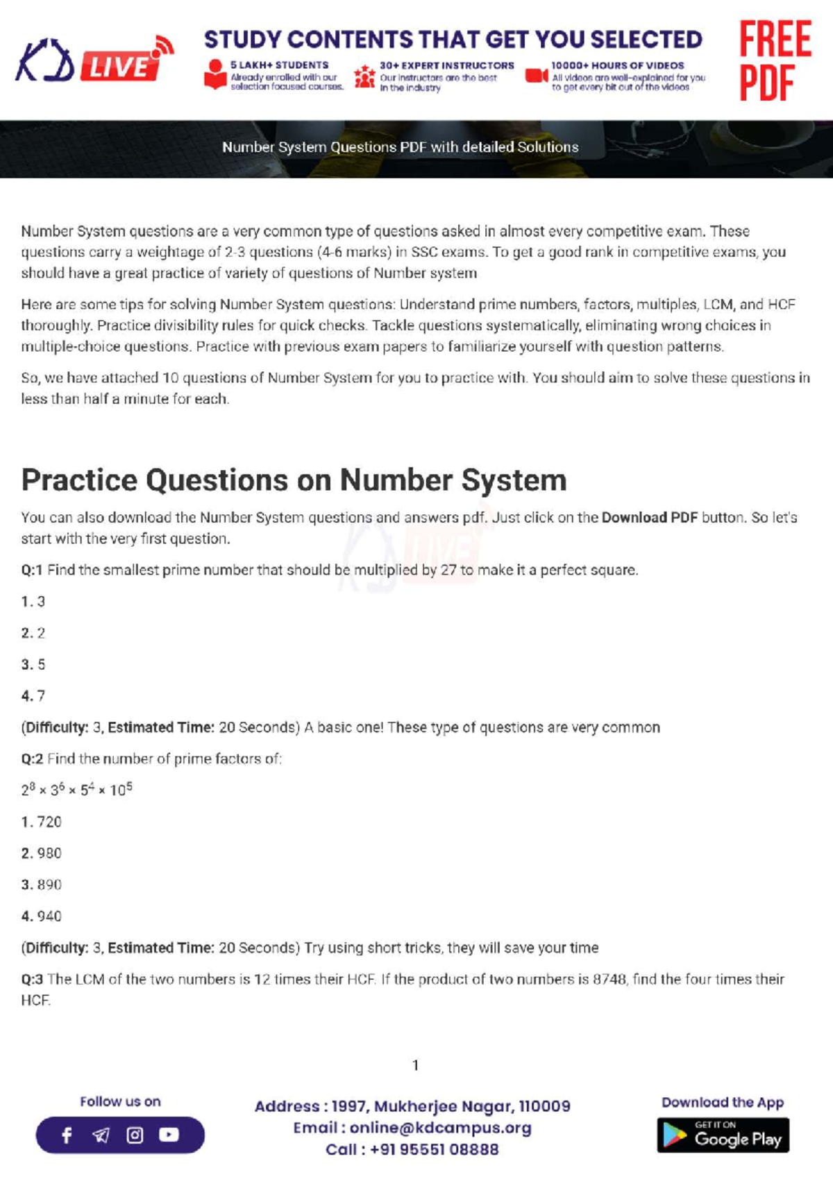 Number System Questions PDF with Detailed Solutions for Competitive ...