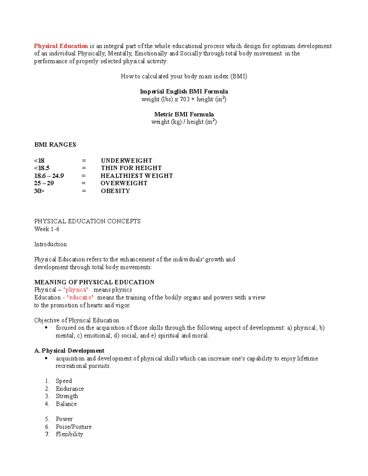 Pe-1 - Physical Education Concepts and BMI Calculation Guide - Studocu