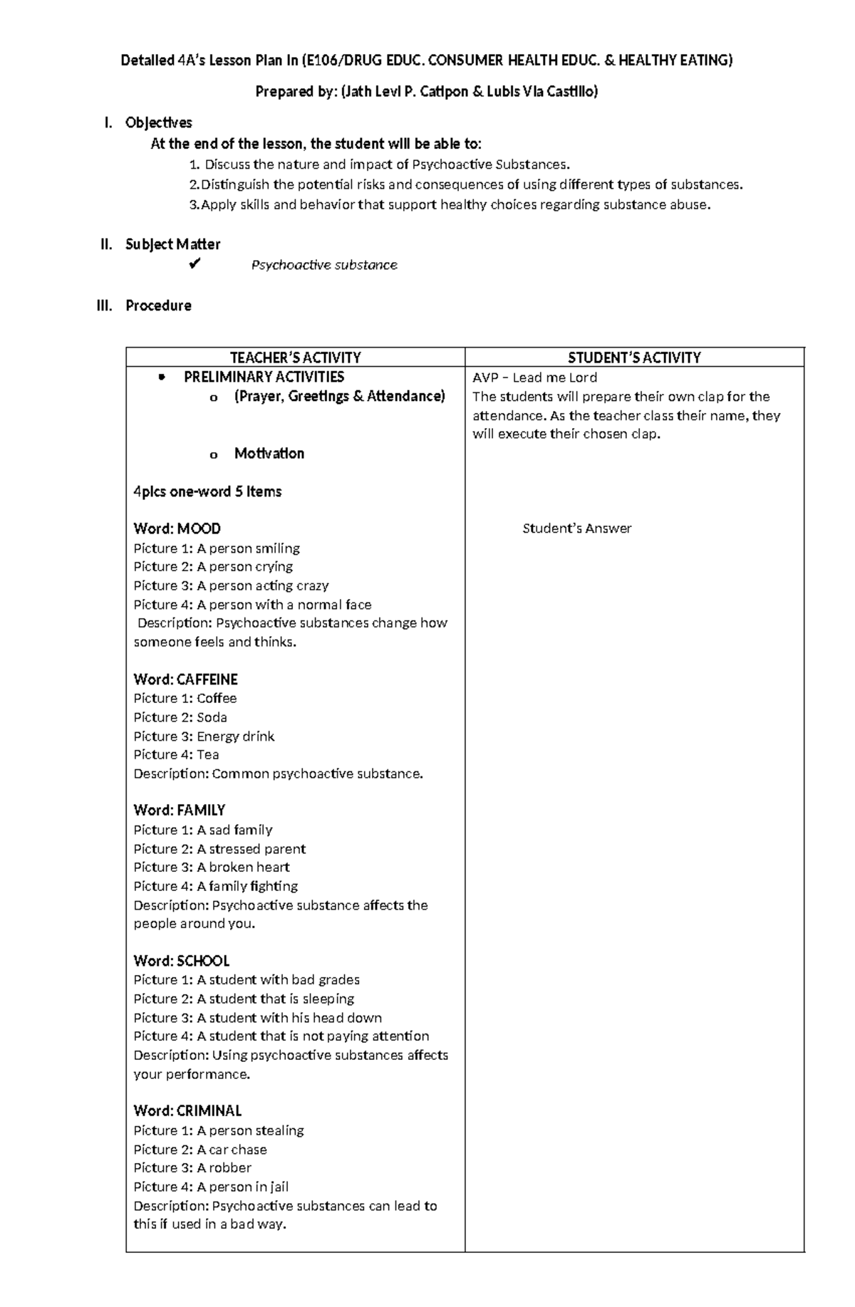 Detailed 4A's Lesson Plan on Psychoactive Substances (E106/DRUG EDUC ...