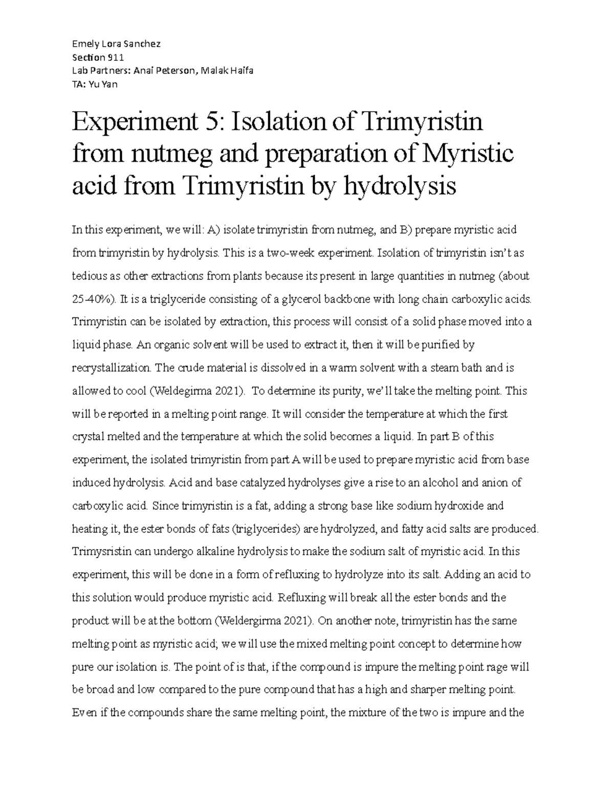 Isolation of Trimyristin & Myristic Acid Prep via Hydrolysis (Chem 911 ...