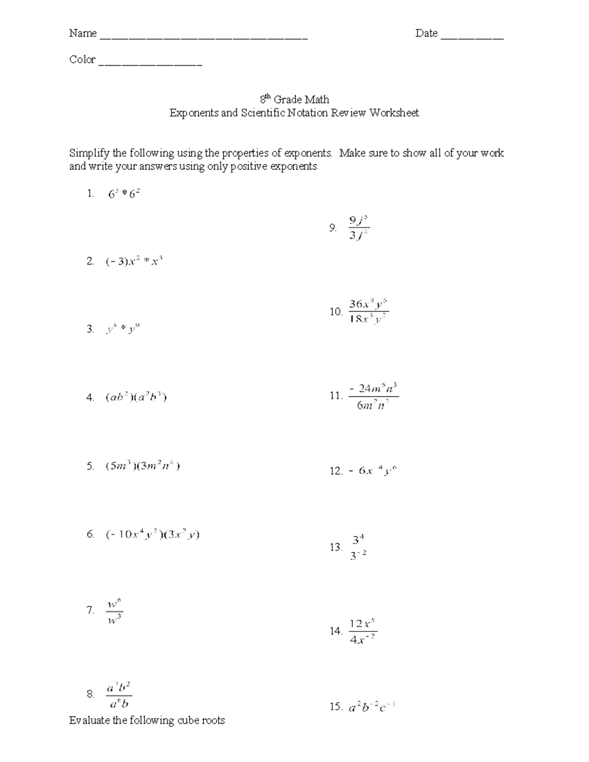Exponents and sci. notation review sheet - Name ...