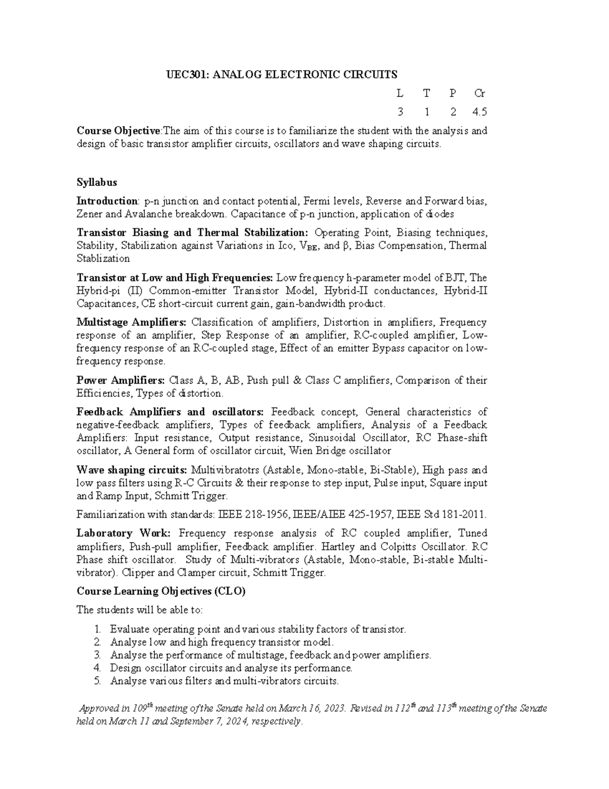 UEC301: Analog Electronic Circuits Course Overview and Objectives - Studocu
