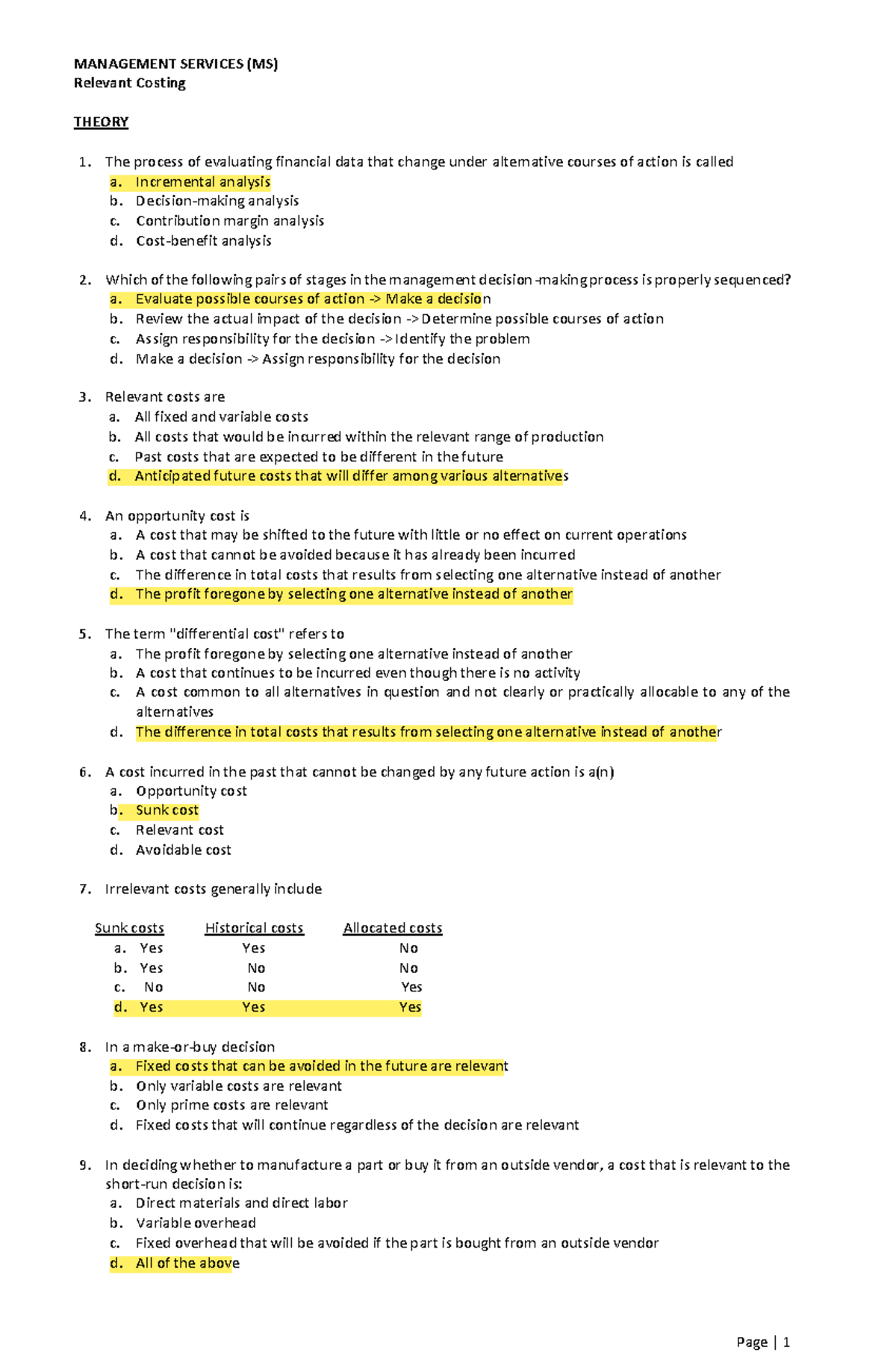 MS Relevant Costing - Practice Questions and Answers - Studocu