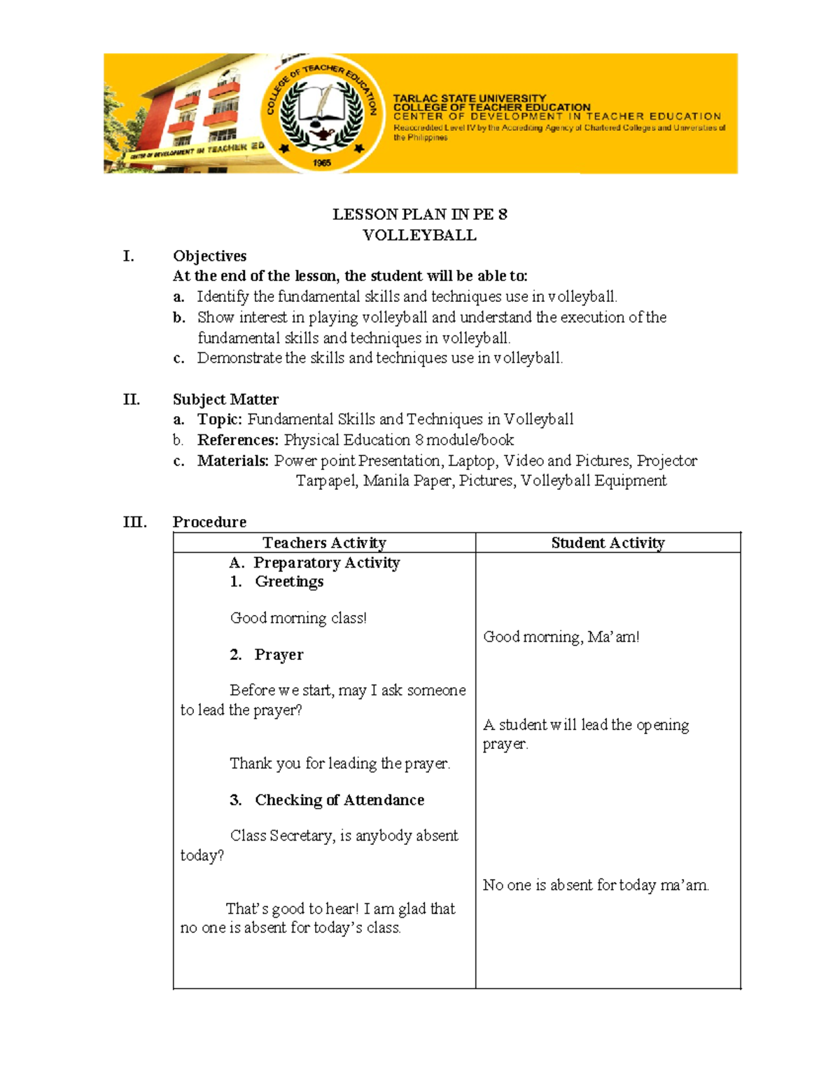 PE 8 Final Lesson Plan: Volleyball Skills & Techniques Guide - Studocu