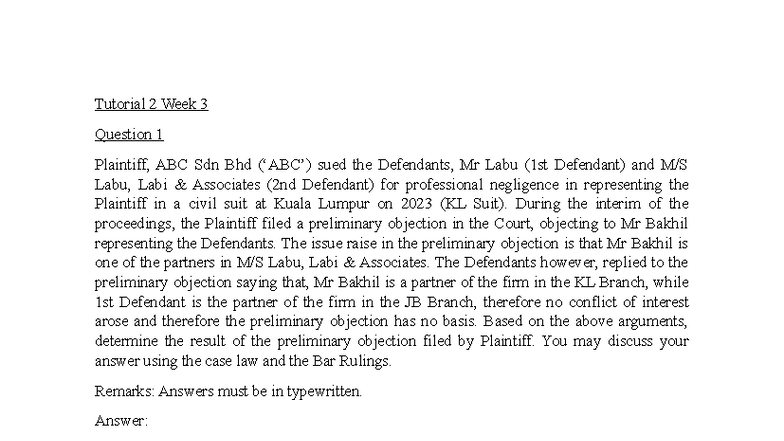 Tutorial 2 Week 3: Plaintiff's Preliminary Objection on Conflict of ...
