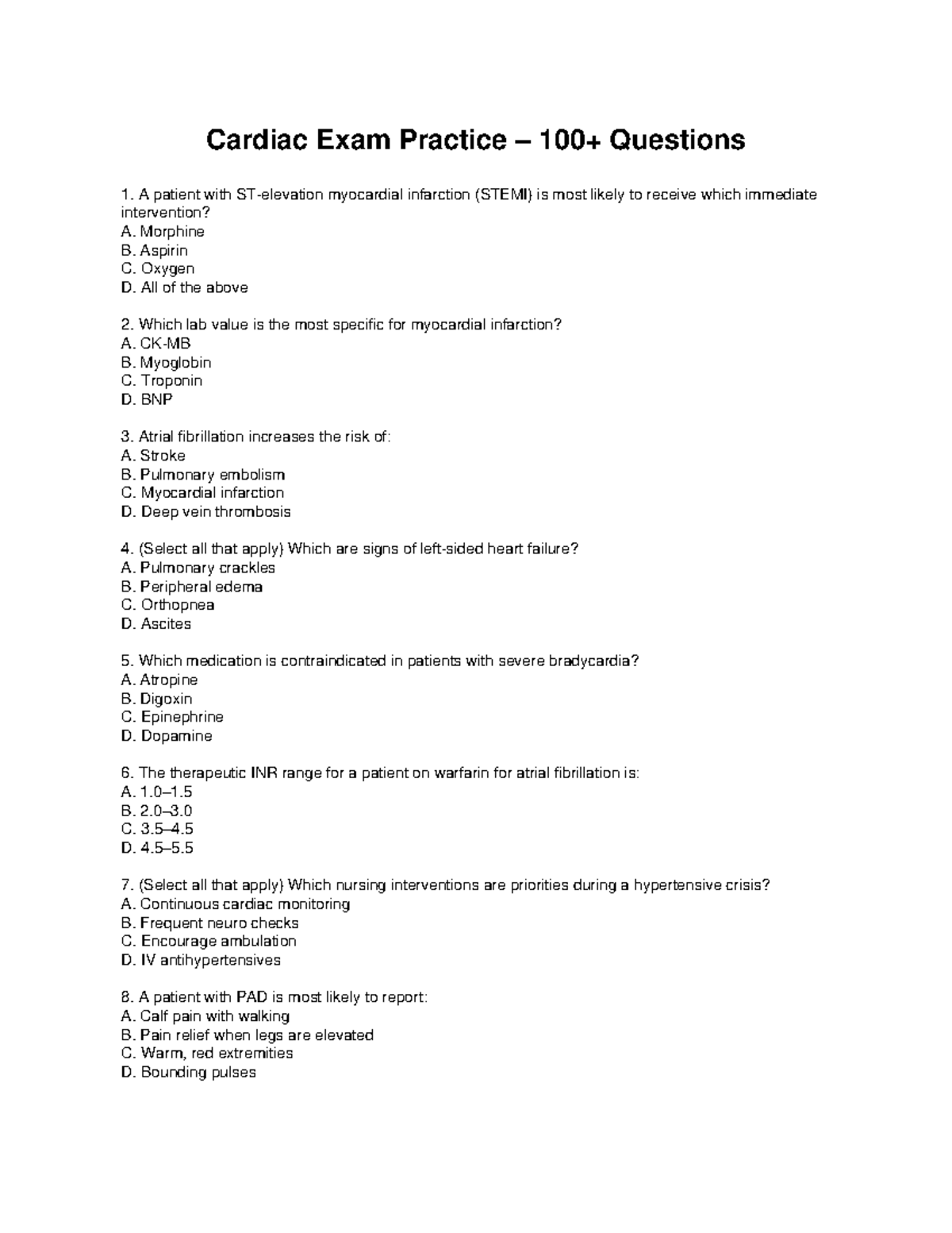 Cardiac Exam Practice Questions (100+) for Nursing Students - Studocu