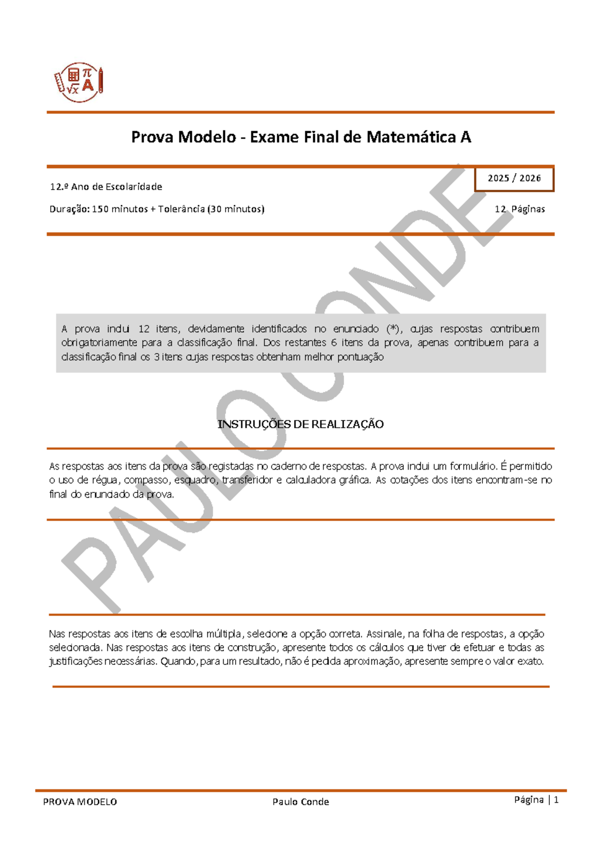 Prova Modelo Exame Final Matemática A 2025-2026 12.º Ano - Studocu