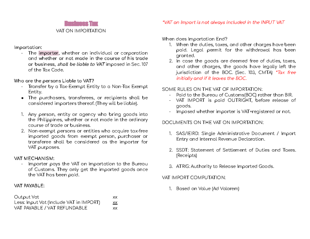Business TAX Import - VAT on Importation Notes - Studocu