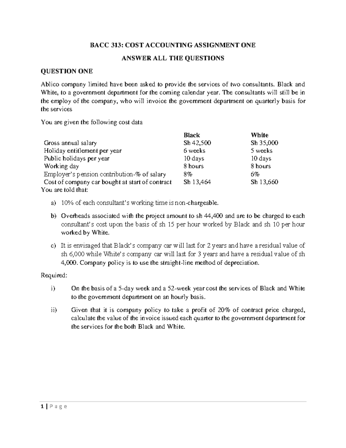 Costingg Accounting Assignment - 1 | P a g e BACC 313: COST ACCOUNTING ...