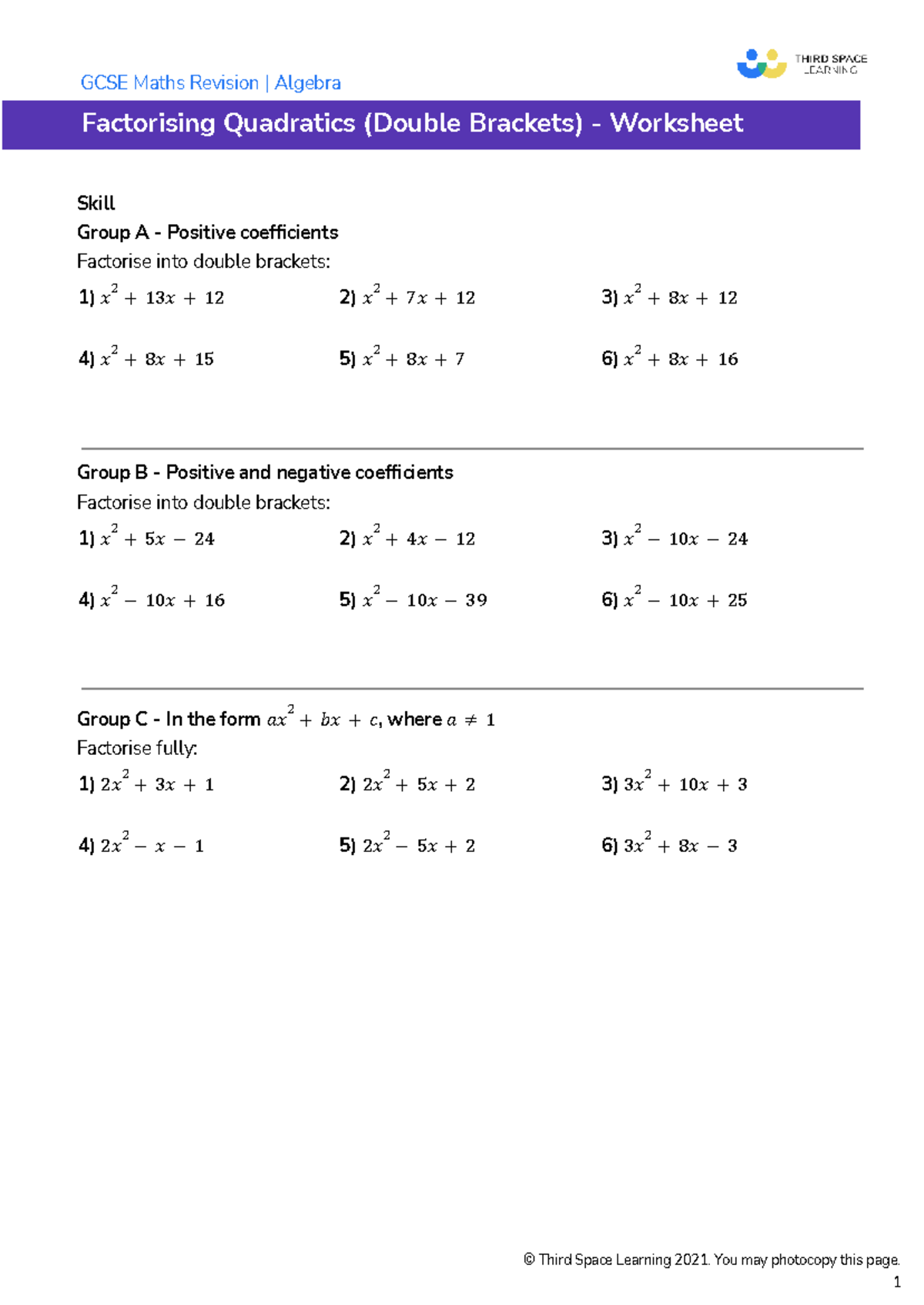 GCSE Maths Revision: Factorising Quadratics (Double Brackets) Worksheet ...