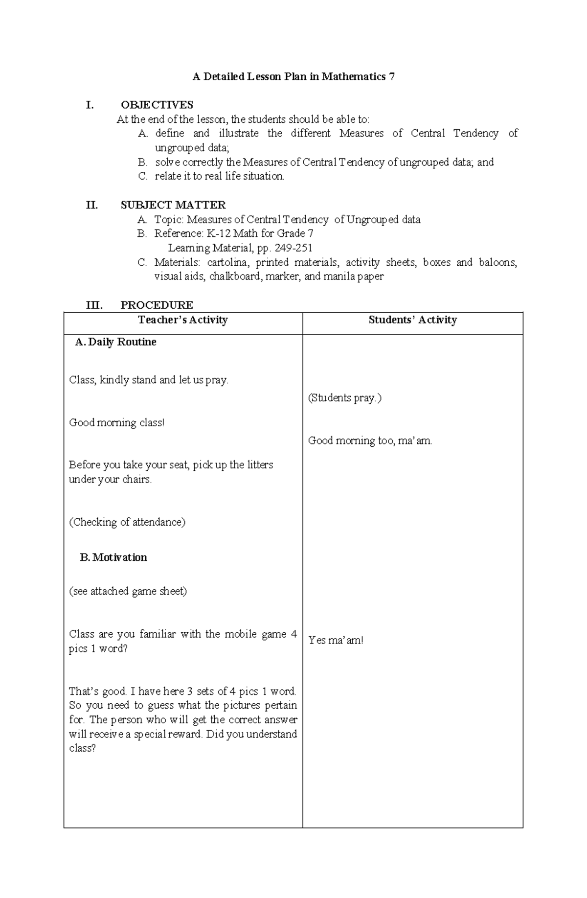 Mathematics 7 Lesson Plan: Measures of Central Tendency - Studocu