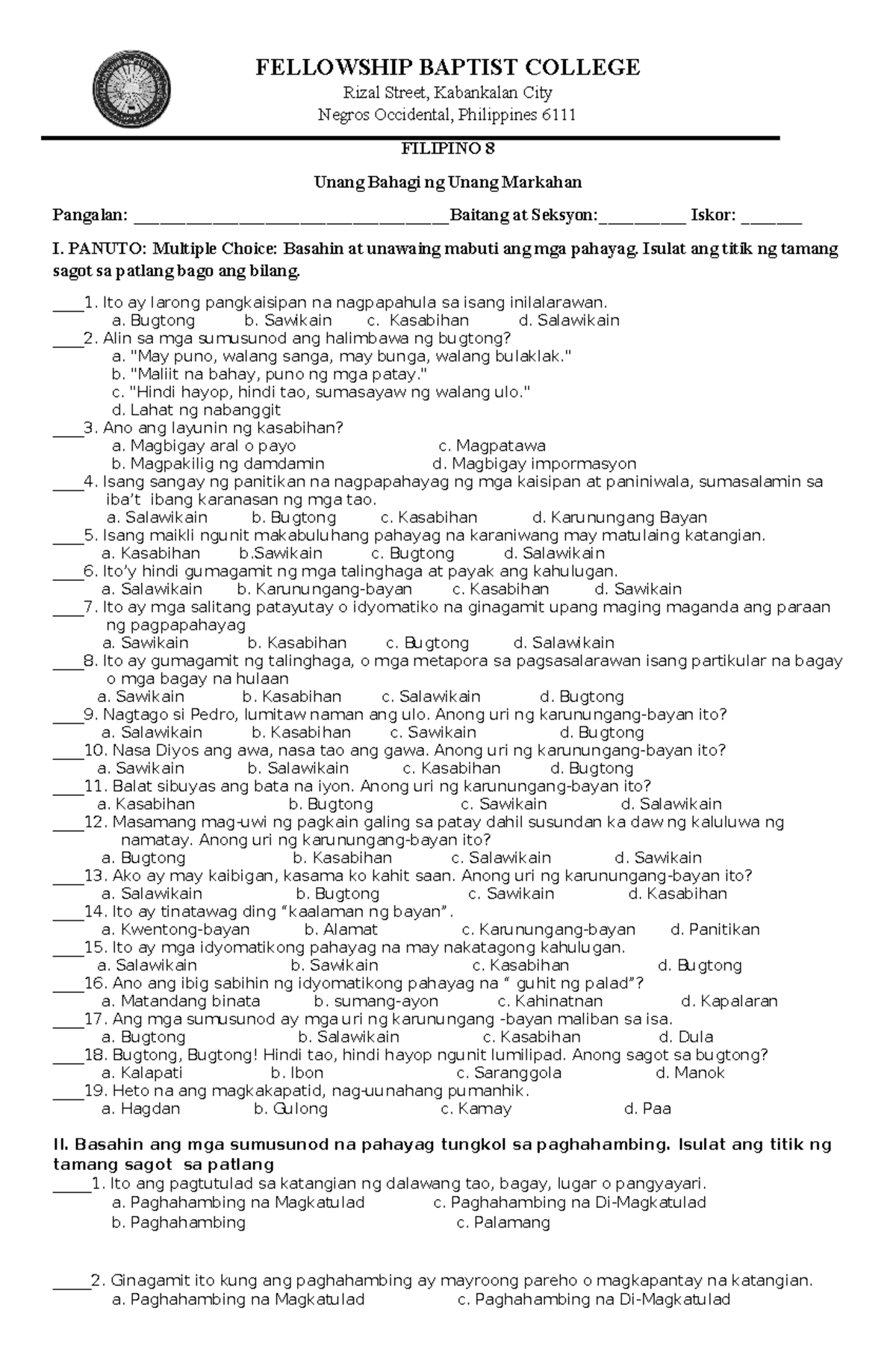 FILIPINO 8 1st Grading Exam: Multiple Choice Questions - Studocu