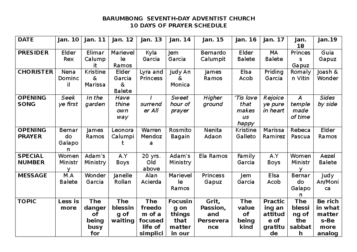 10 days of prayer schedule - BARUMBONG SEVENTH-DAY ADVENTIST CHURCH 10 ...