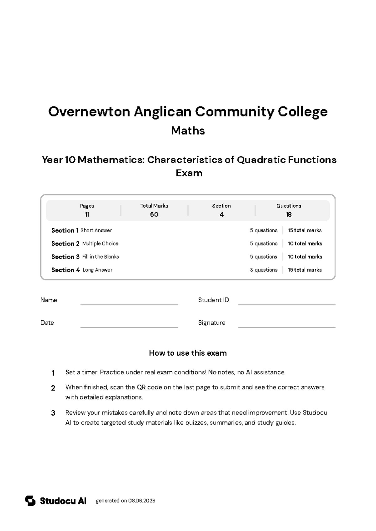 Year 10 Mathematics: Quadratic Functions Exam - Studocu