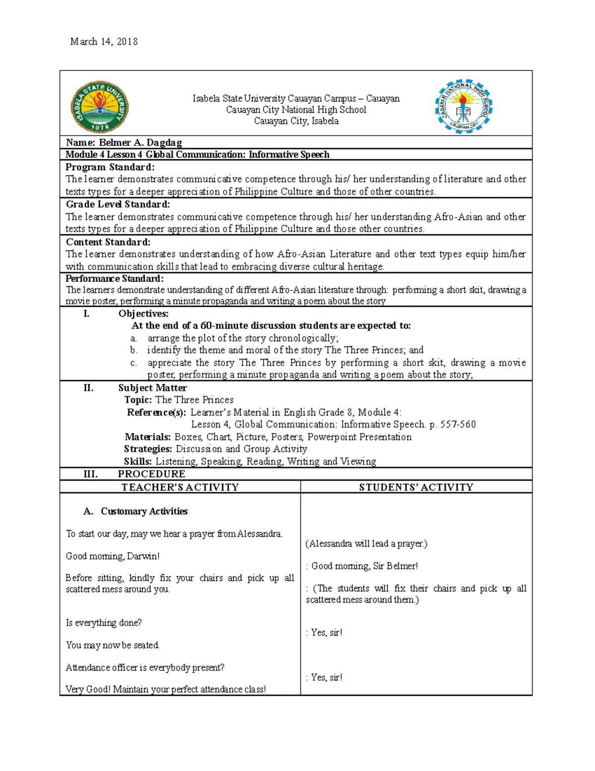 DLP-ENG-G10-Q1-MELC-1.-WEEK 1 - LESSON PLAN IN ENGLISH 10 School Grade Level & Section 10 - Studocu