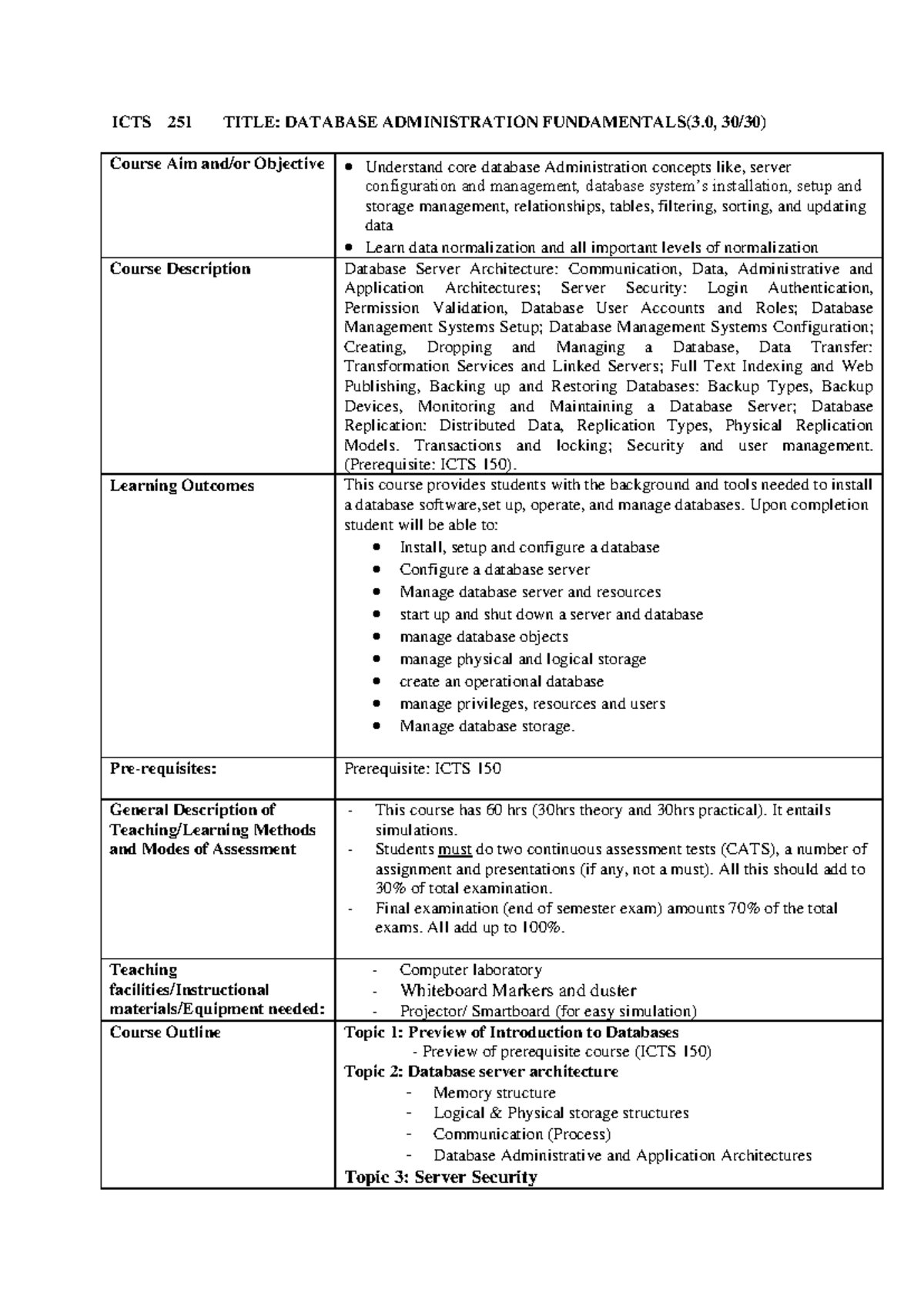 ICTS 251: Database Administration Fundamentals Course Outline - Studocu