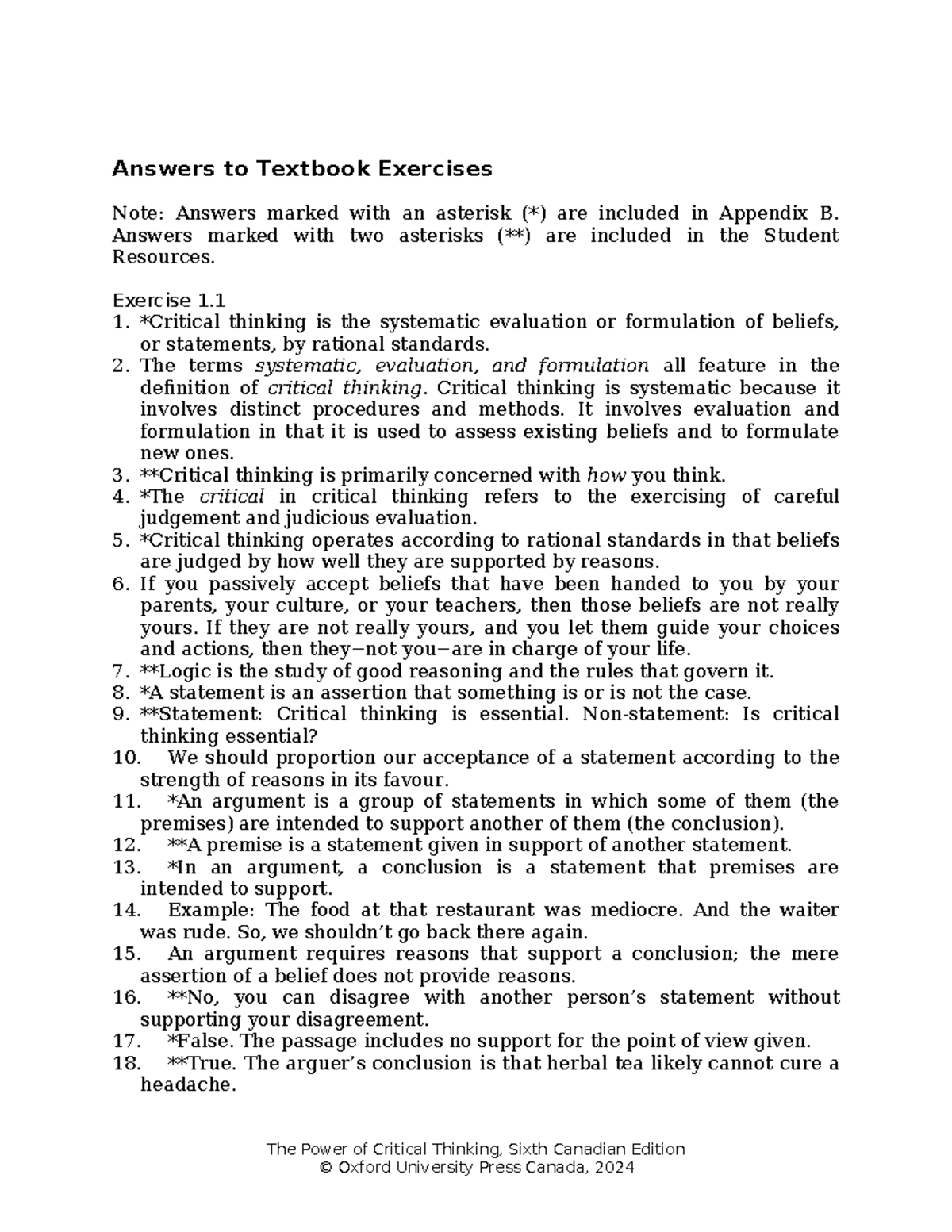 Chapter 01: Answers to Textbook Exercises on Critical Thinking - Studocu