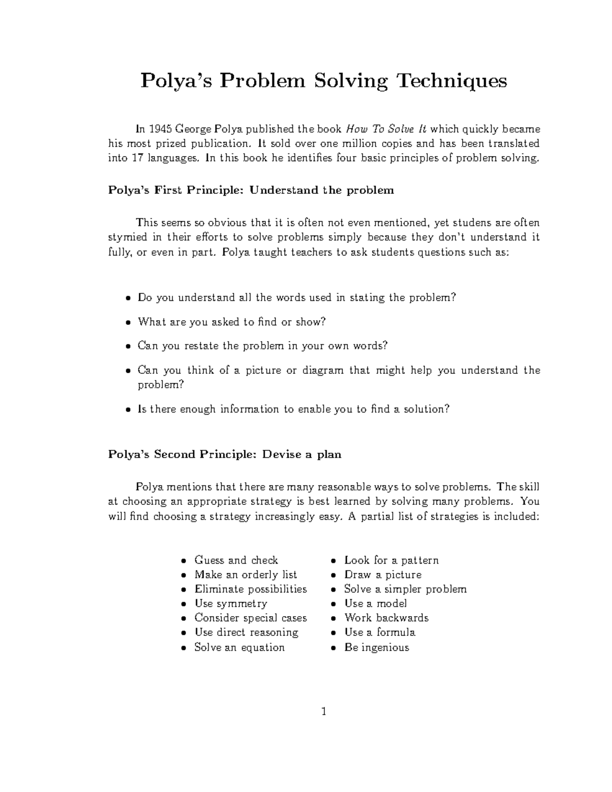 Polya - For school purposes - Polya’s Problem Solving Techniques In ...