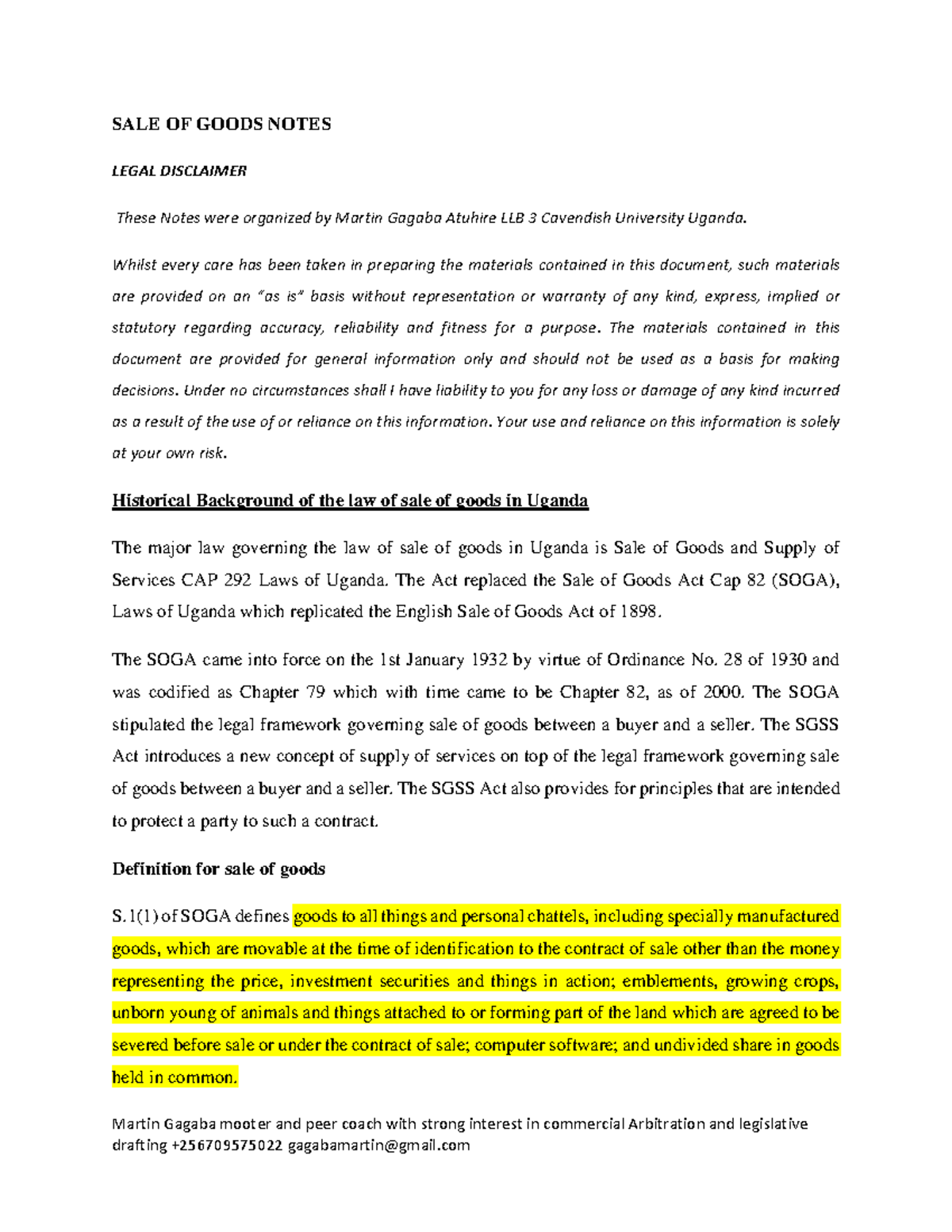 SALE OF GOODS NOTES: Legal Framework and Key Concepts (LLB 3) - Studocu