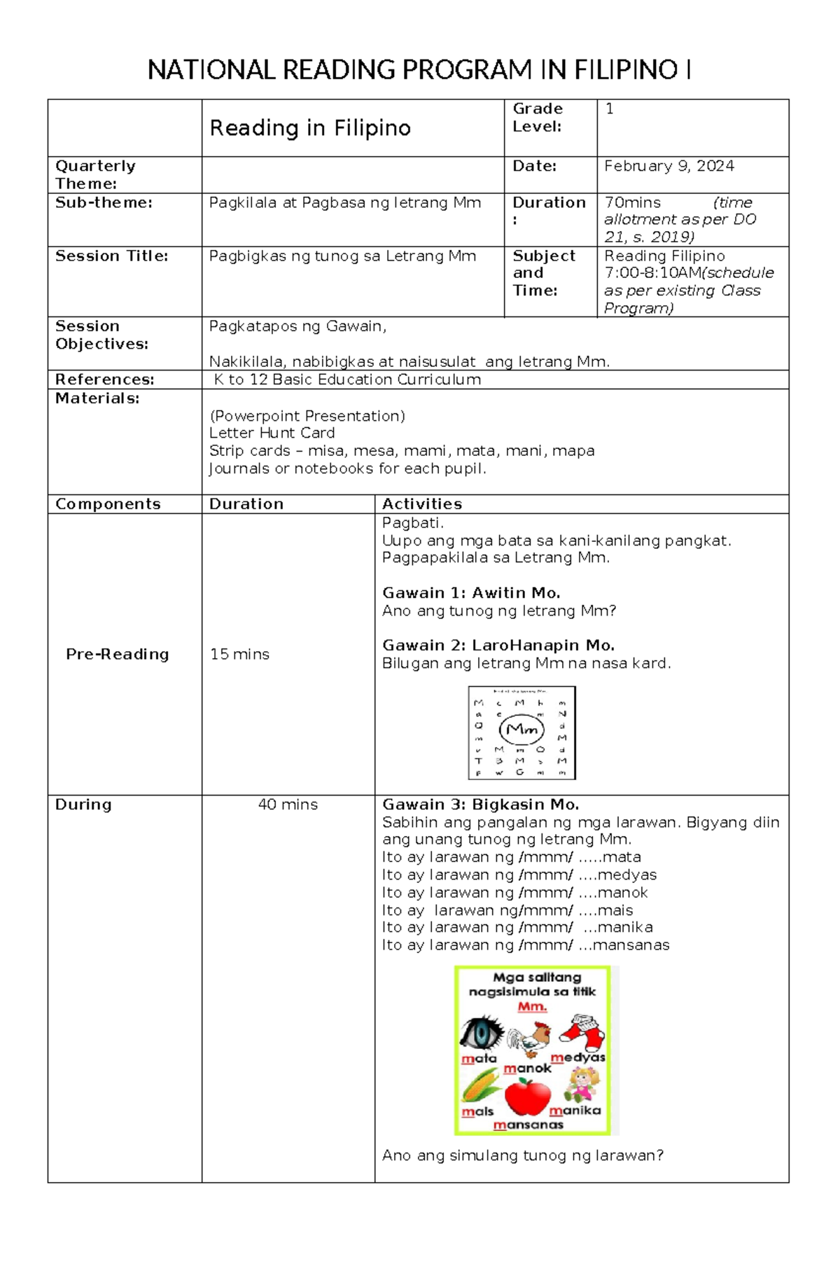 Grade 1-FIL- Reading Catch-UP- Friday - Reading in Filipino Grade Level: 1 Quarterly Theme: Date ...