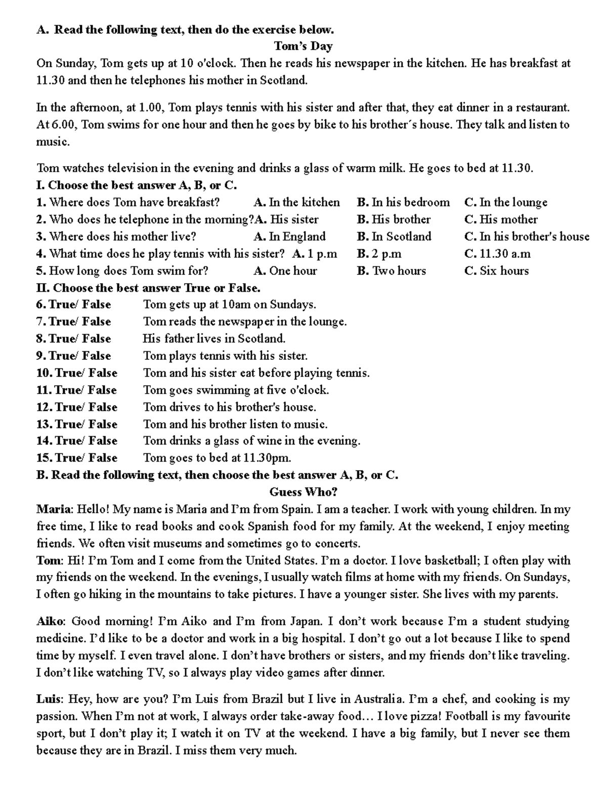 Test Reading Writing A1 - A. Read the following text, then do the ...