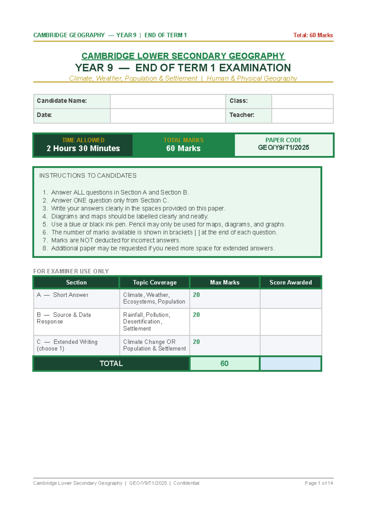 CAMBRIDGE LOWER SECONDARY GEOGRAPHY YEAR 9 END OF TERM 1 EXAM PAPER ...