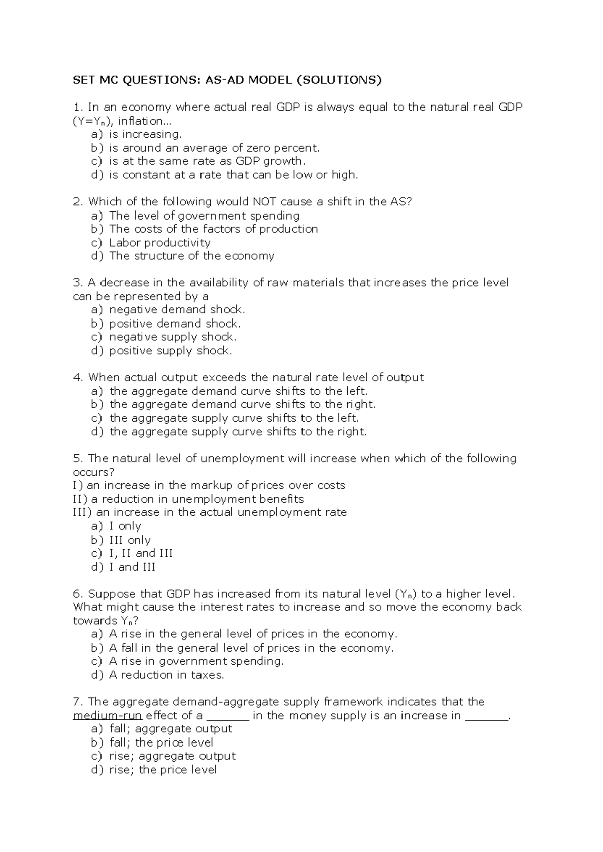 MC AD-AS Model - Solutions to Multiple Choice Questions - Studocu