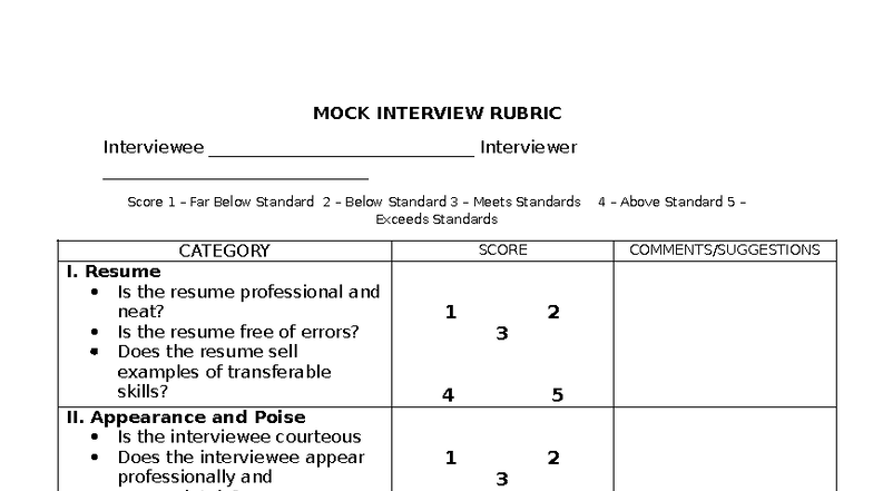 MOCK INTERVIEW RUBRIC: Evaluation Criteria and Scoring Guide - Studocu