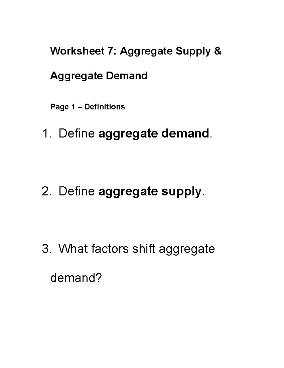 Aggregate Supply & Aggregate Demand - Worksheet 7: Aggregate Supply ...