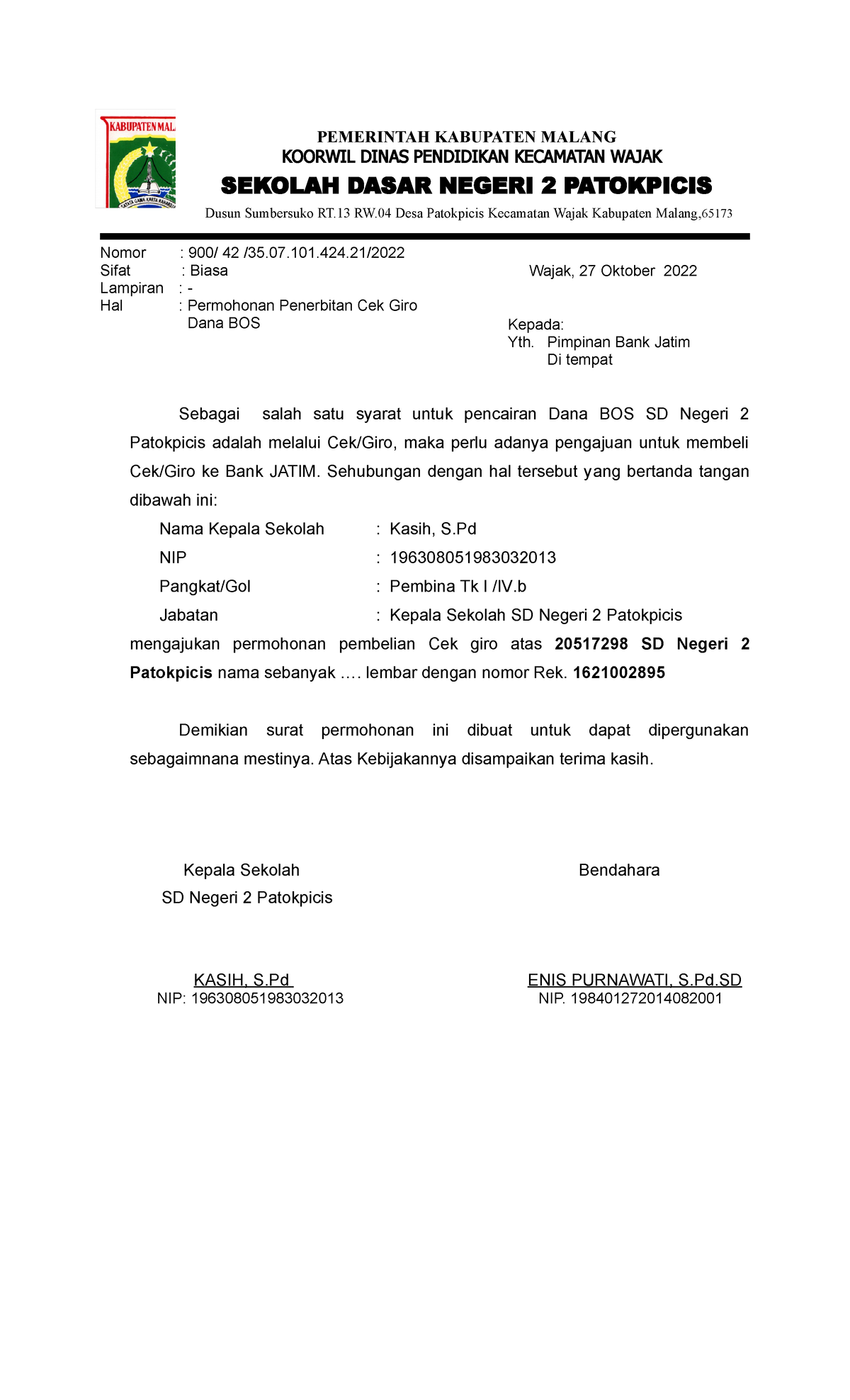 Surat Permohonan Cek Giro Dana BOS SDN 2 & 3 Patokpicis - Studocu