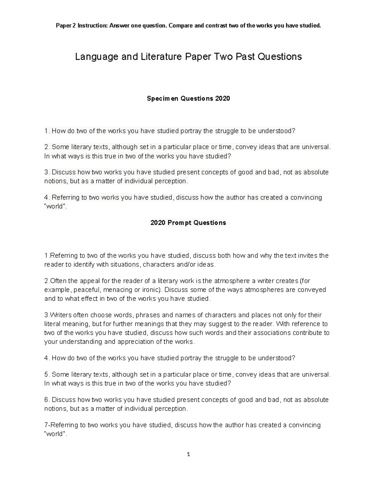L&L Paper 2 Past Questions: Compare & Contrast Literary Works - Studocu