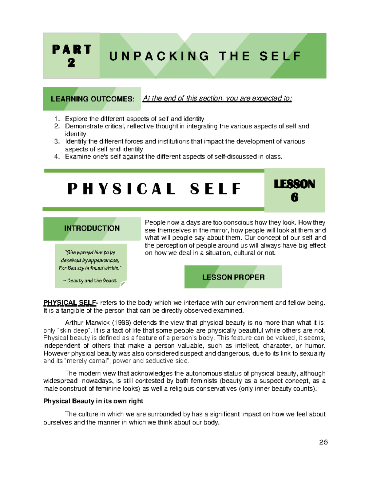 UTS Lesson on Self and Identity: Exploring Physical Self Concepts - Studocu