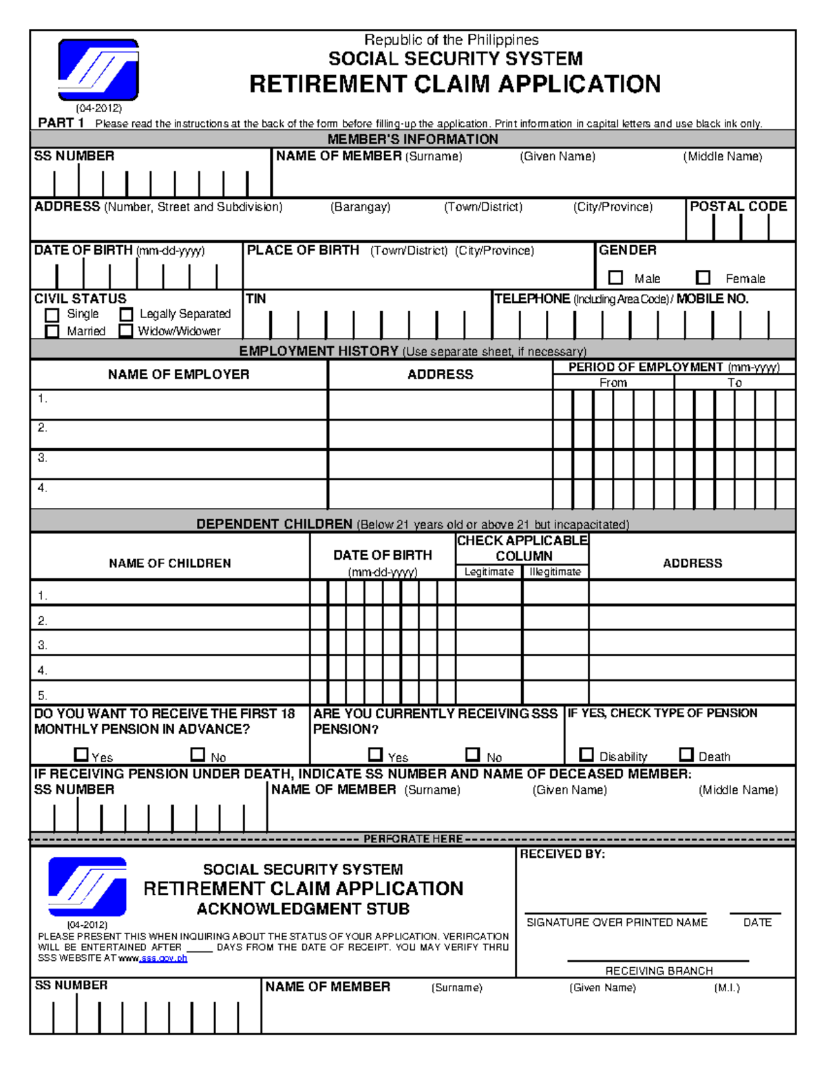SSS Form: Retirement Claim Application - Part 1 Instructions - Studocu