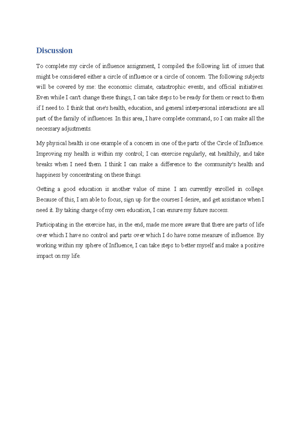 D02 - Circle of Influence Assignment Reflection and Insights - Studocu