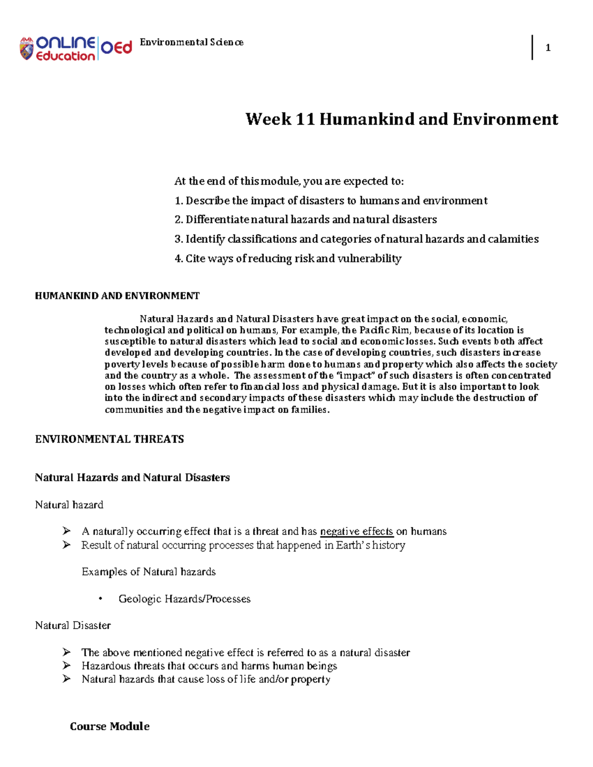 Environmental Science 1 Week 11: Natural Hazards & Disasters Impact ...