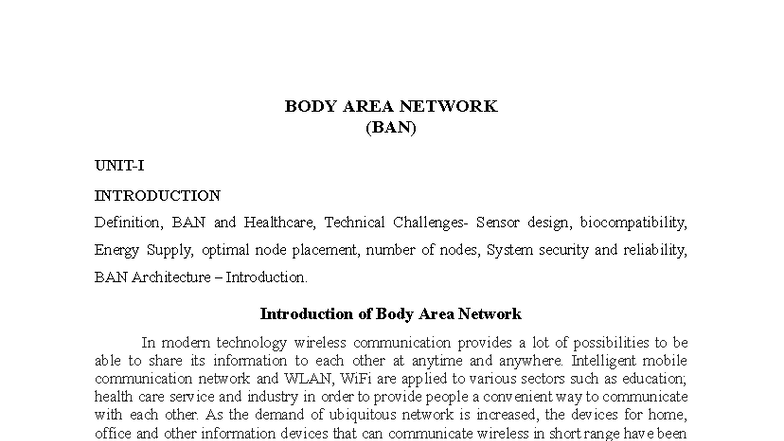 Unit 1 - Body Area Network (BAN) Overview and Applications - Studocu